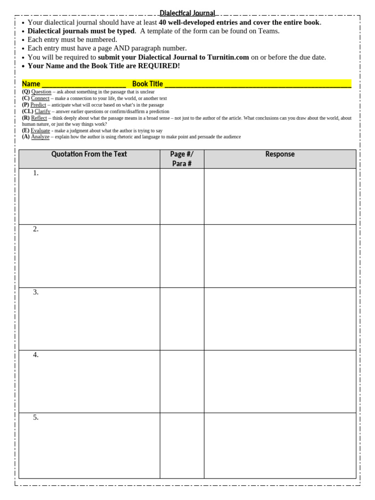 Student Dialectical Journal Template | PDF