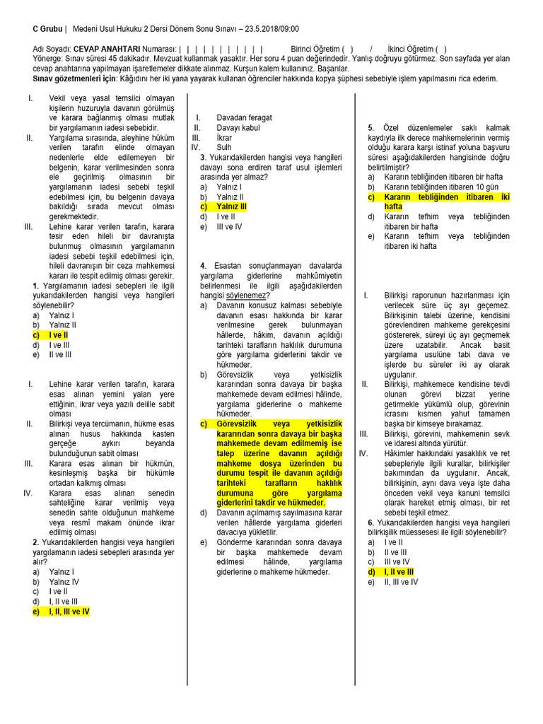 C Grubu Cevap Anahtarı | PDF