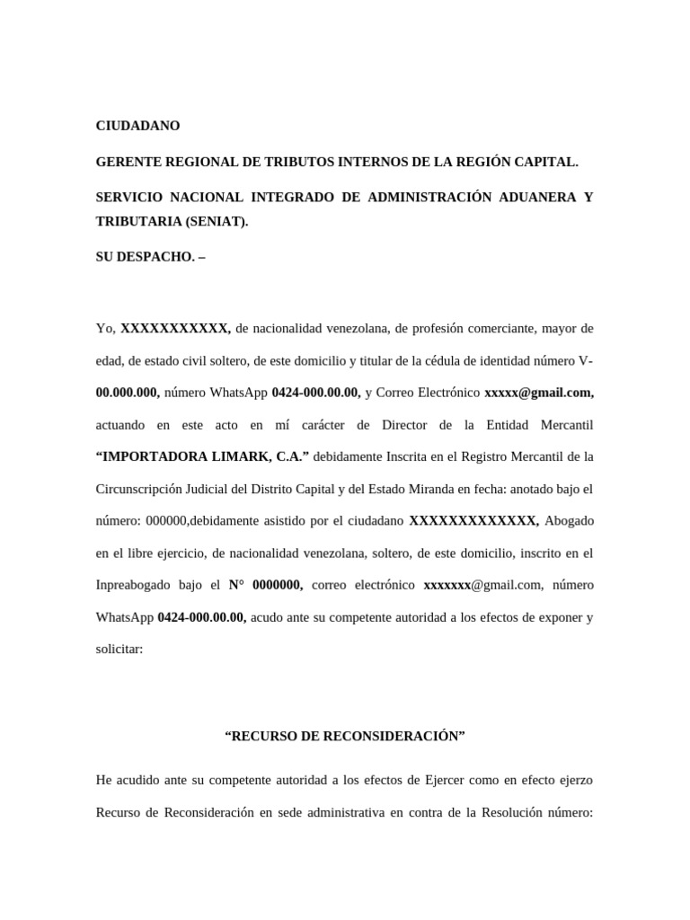 Modelo de Recurso de Reconsideración Impugnando Una Multa Ante El ...