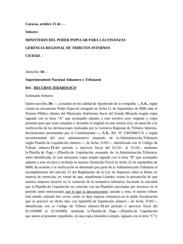 Modelo de Recurso Jerárquico ante el Seniat | PDF | Estatuto de ...