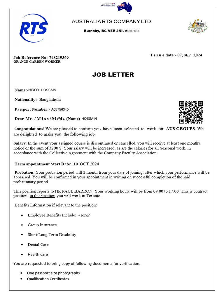Nirob Hossain Australian Job Offer | PDF | Employment | Taxes