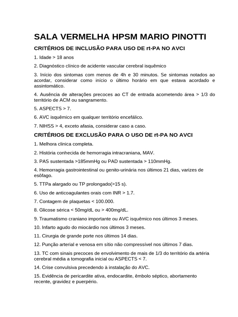 Avc - Fibinolitico - Sala Vermelha HPSM Mario Pinotti | PDF