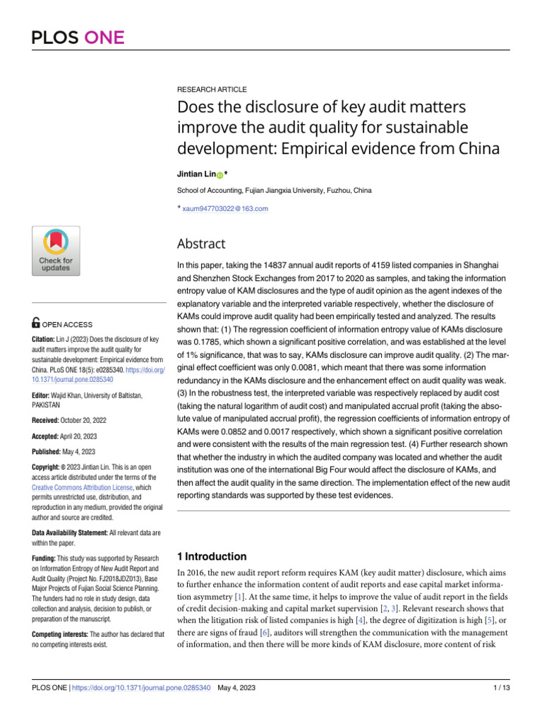 Does The Disclosure of Key Audit Matters Improve T | PDF | Auditor's ...