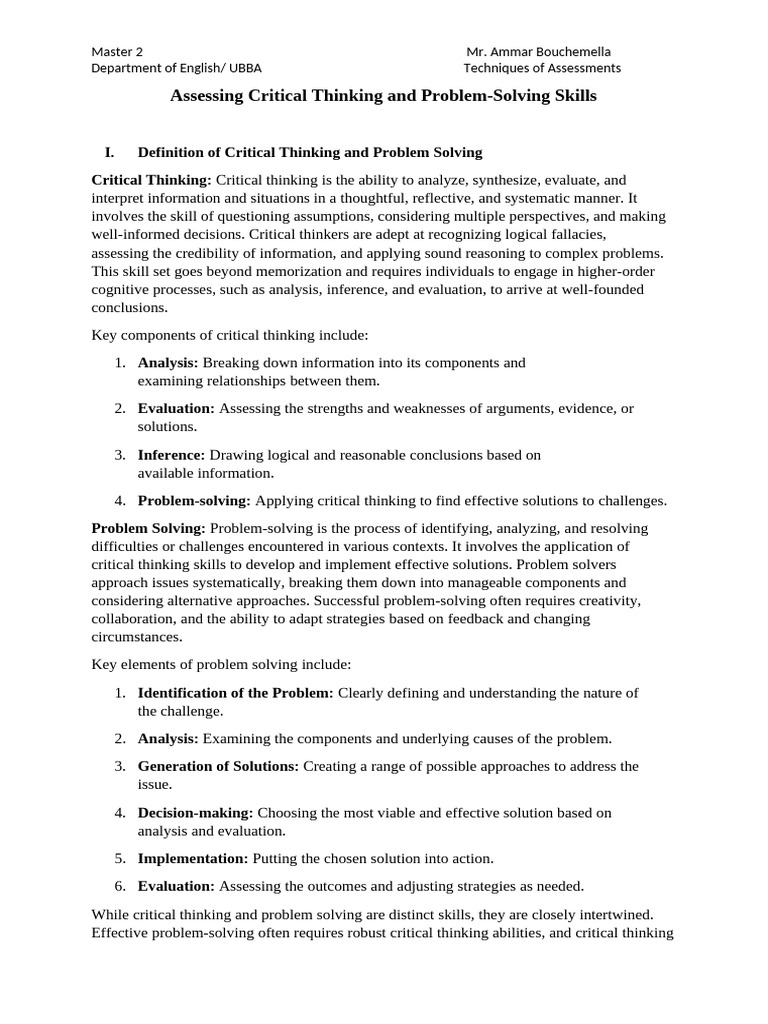 Assessing Critical Thinking and Problem Solving Skills (1) | PDF ...