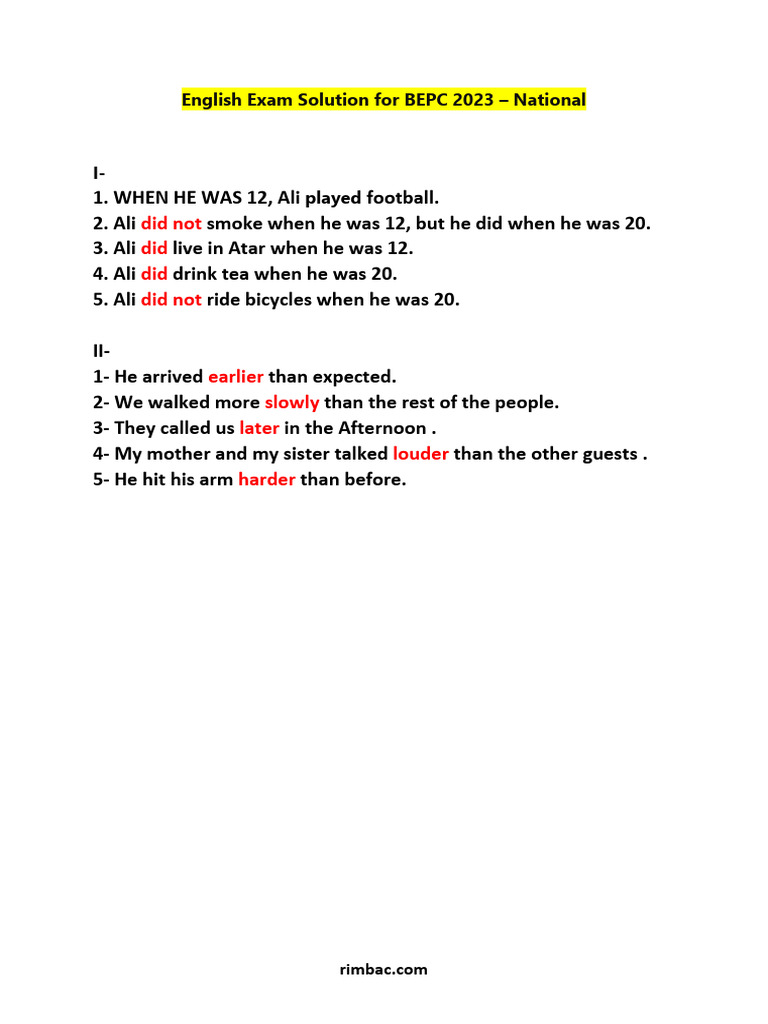 English Exam Solution For BEPC 2023 - National | PDF