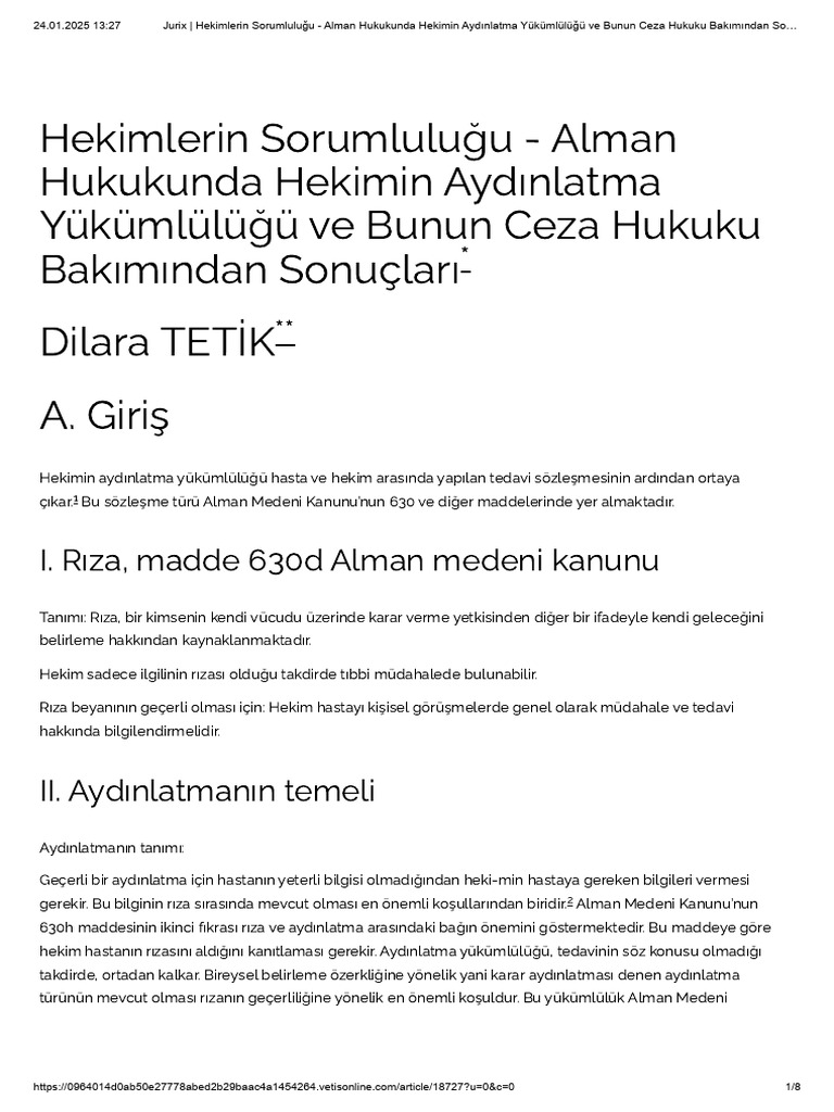 Jurix _ Hekimlerin Sorumluluğu - Alman Hukukunda Hekimin Aydınlatma Yükümlülüğü ve Bunun Ceza ...