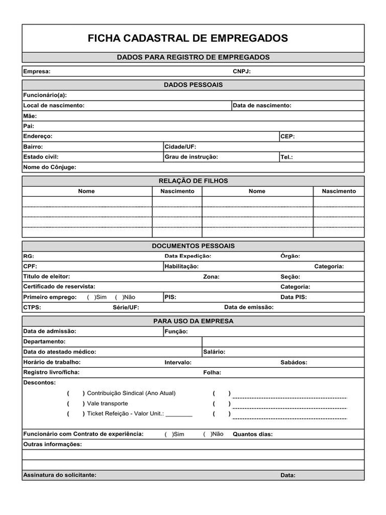 FICHA DE CADASTRO DE FUNCIONÁRIO | PDF