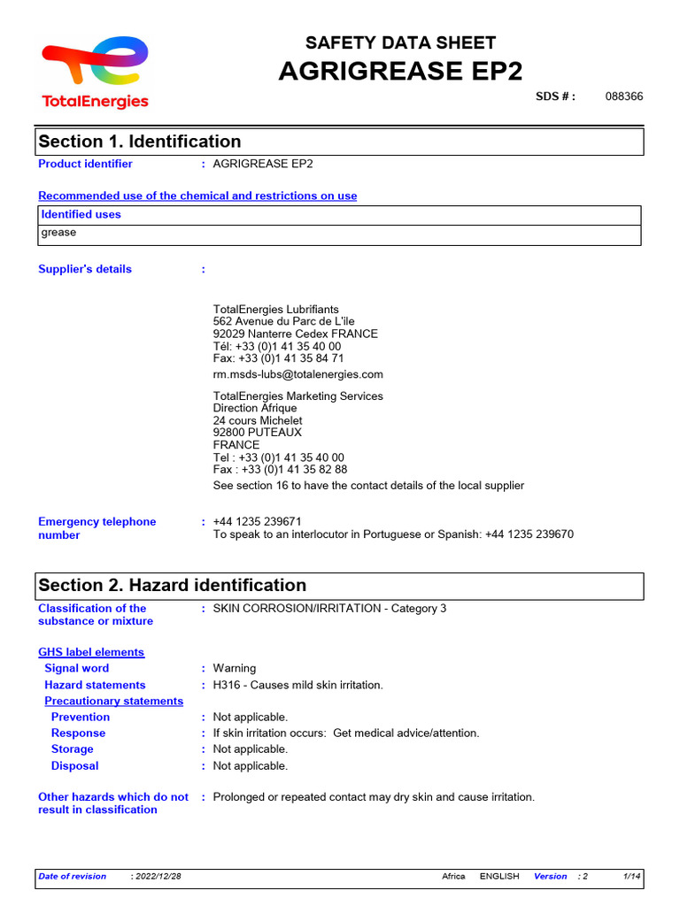 AGRIGREASE EP2 - 088366 - Africa - English - 20221228 | PDF | Toxicity | Waste