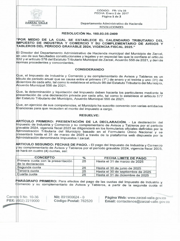 Calendario Tributario Ica 2025 | PDF