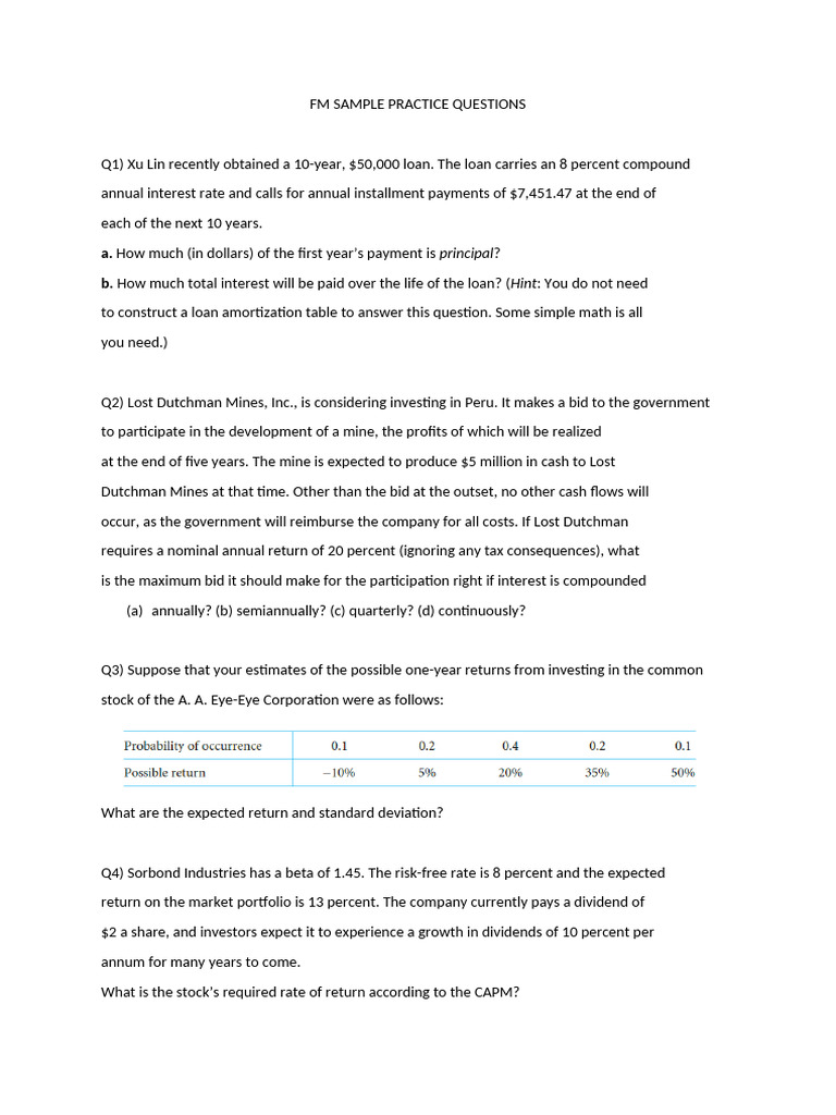 FM Sample Practice Questions (Covers All Topics) | PDF | Capital Asset ...