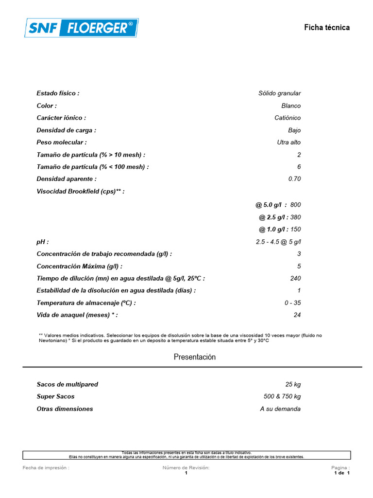 Ficha Técnica de Flopam FO 4190 VHM | PDF | Química | Química Física