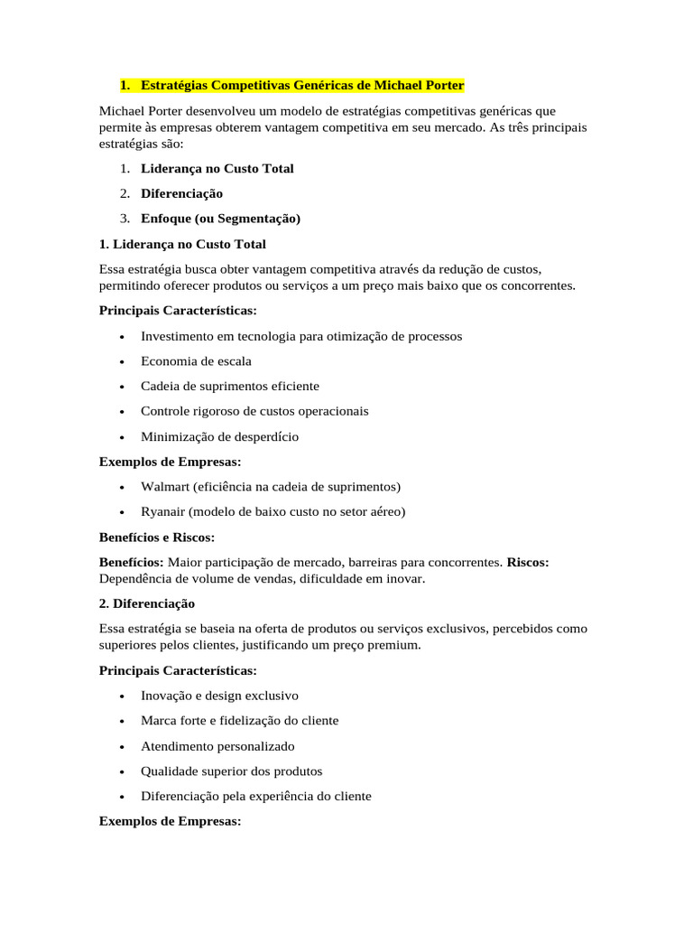 Estratégias Competitivas Genéricas de Michael Porter | PDF | Custo | Vantagem competitiva