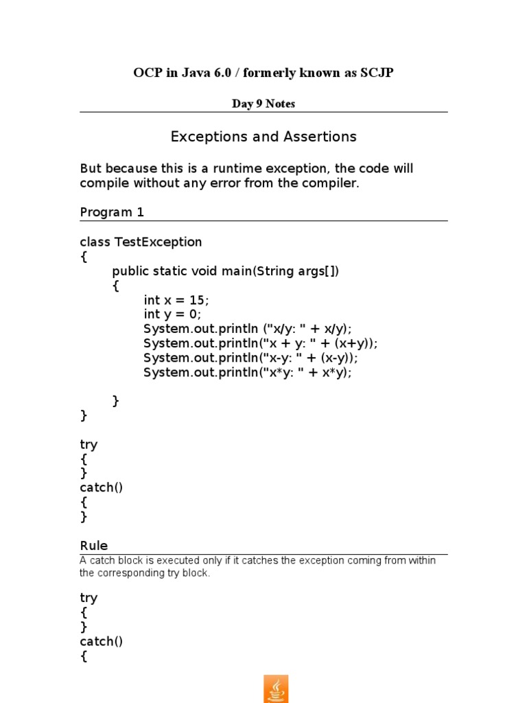 OCP in Java 6.0 / Formerly Known As SCJP: Exceptions and Assertions | PDF | Java (Programming ...