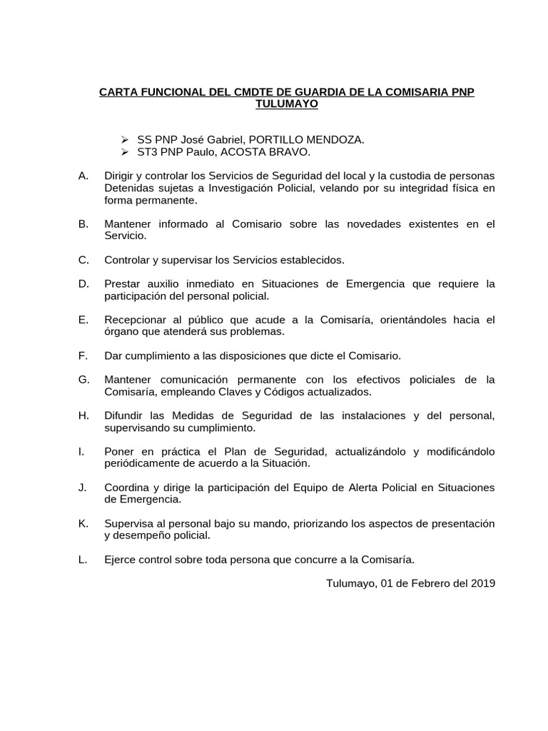 Carta Funcional Comandante de Guardia | PDF | Policía