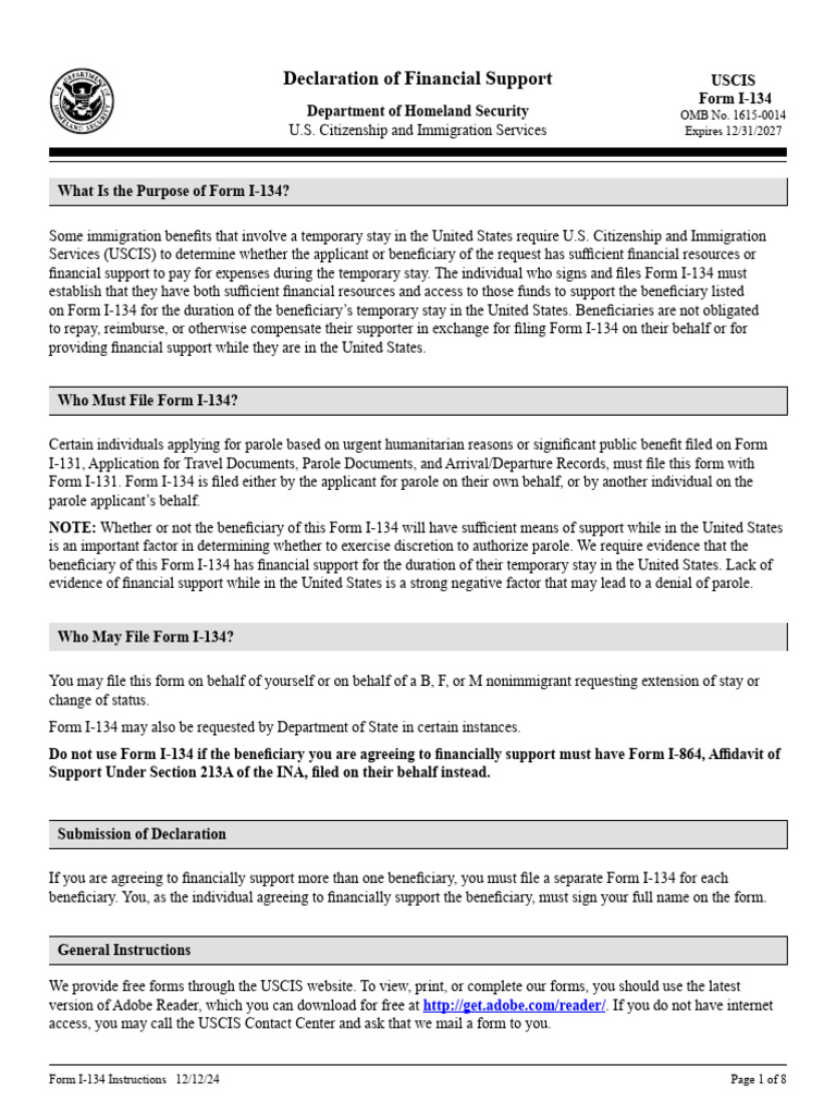 USCIS Form I-134 Financial Support Guide | PDF | Taxation In The United ...