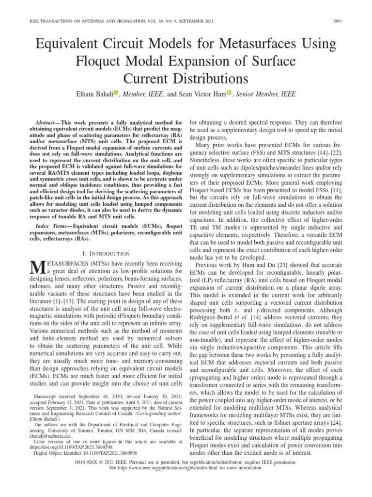 Equivalent Circuit Models For Metasurfaces Using Floquet Modal ...