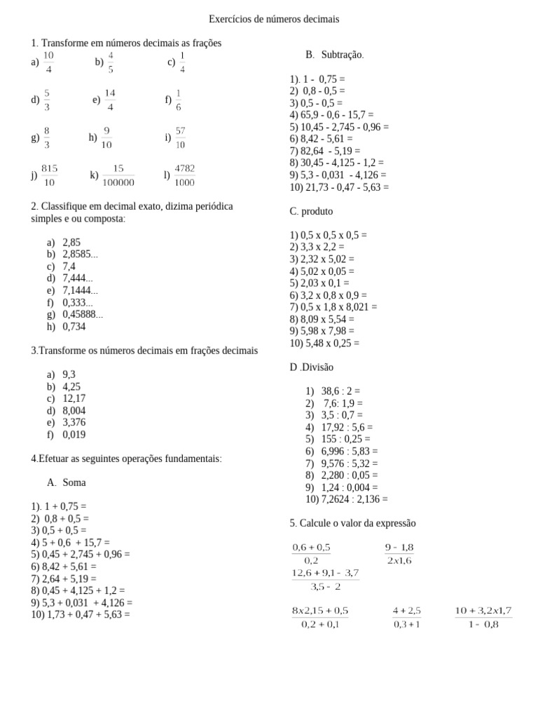 EXERCICIOS N DECIMAIS | PDF | Divisão (Matemática) | Lexicologia