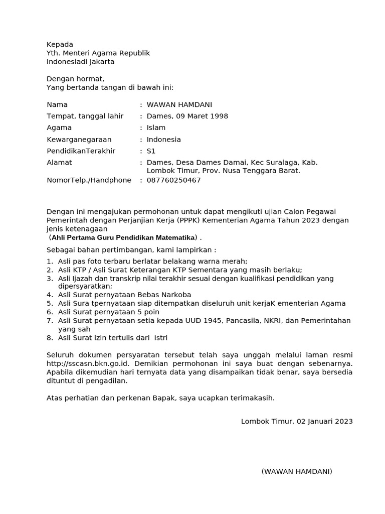 Contoh Surat Lamaran CPPPK (1) | PDF