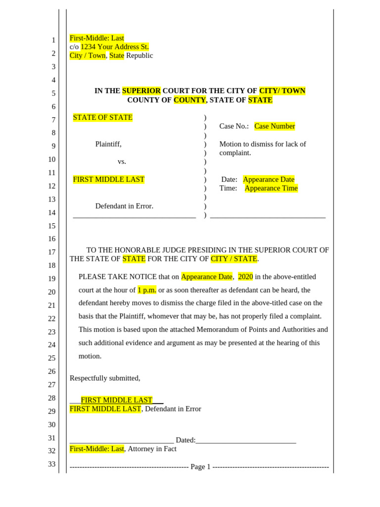 Motion To Dismiss Lack of Complaint Template | PDF | Complaint | Public Law