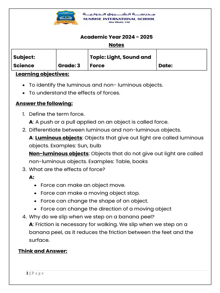 Grade 3 Science: Light, Sound, Force | PDF | Force | Light