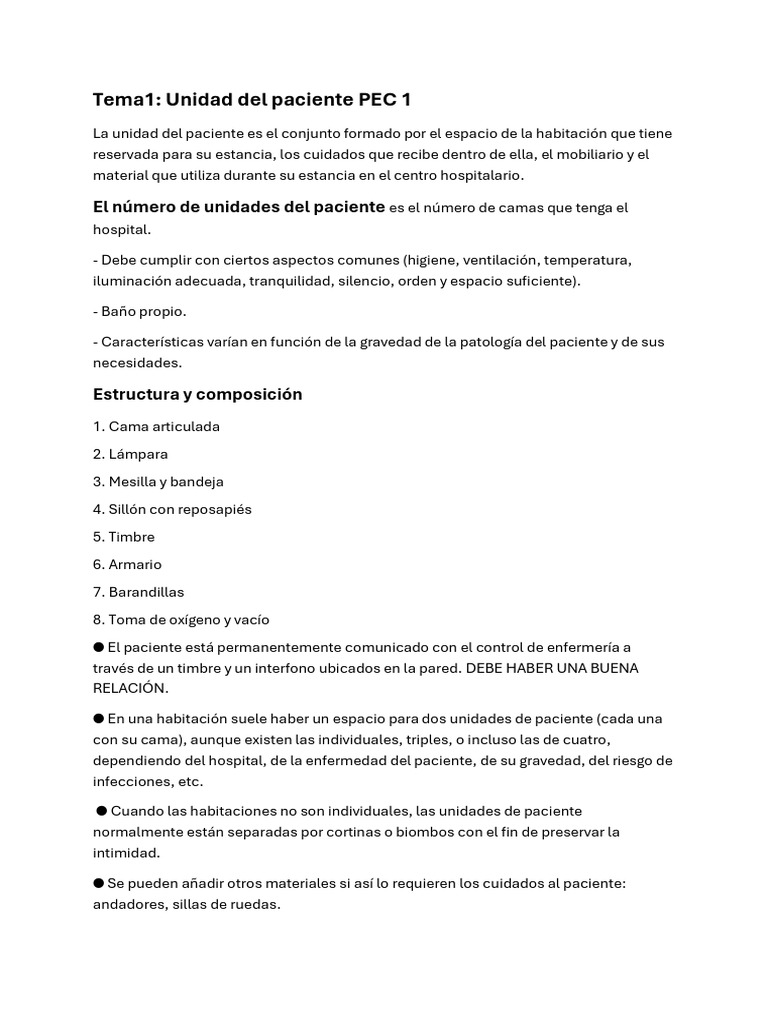 Tema 1 Unidad Del Paciente, Pec 1 | PDF | Cama | Hospital