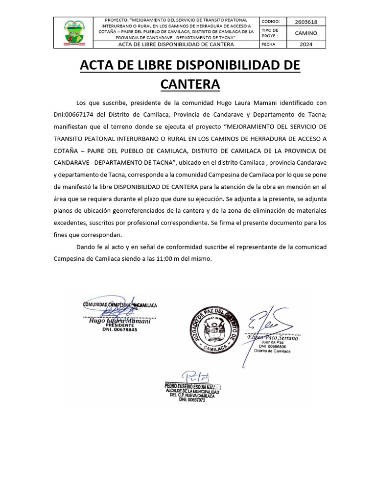 Acta de Libre Disponibilidad de Cantera Cotaña | PDF