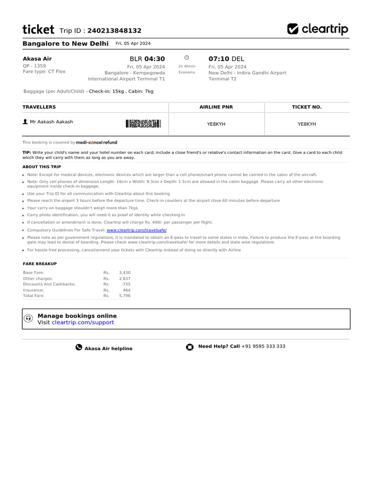 Cleartrip Flight E-Ticket | PDF | Aviation | Transport