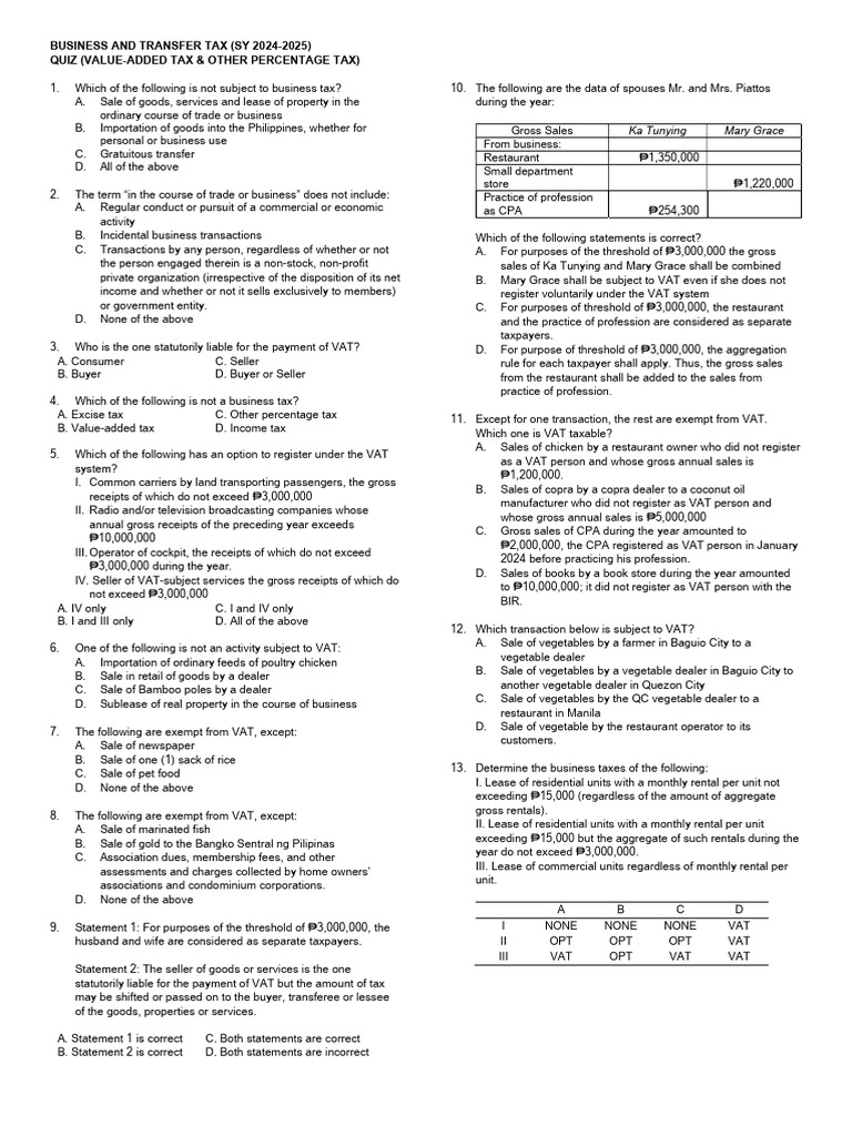 Business Tax Quiz: VAT & Transfer Tax | PDF | Value Added Tax | Taxes