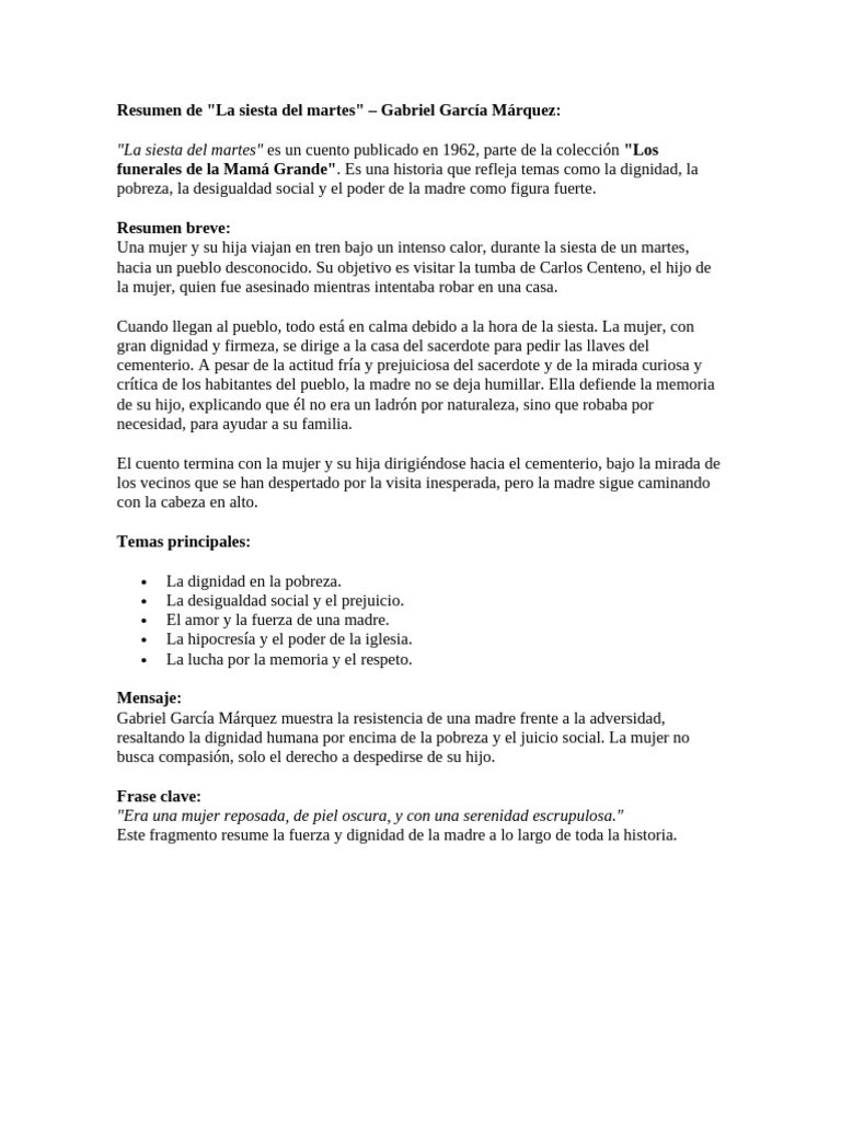 Resumen de La Siesta Del Martes - Gabriel García Márquez | PDF