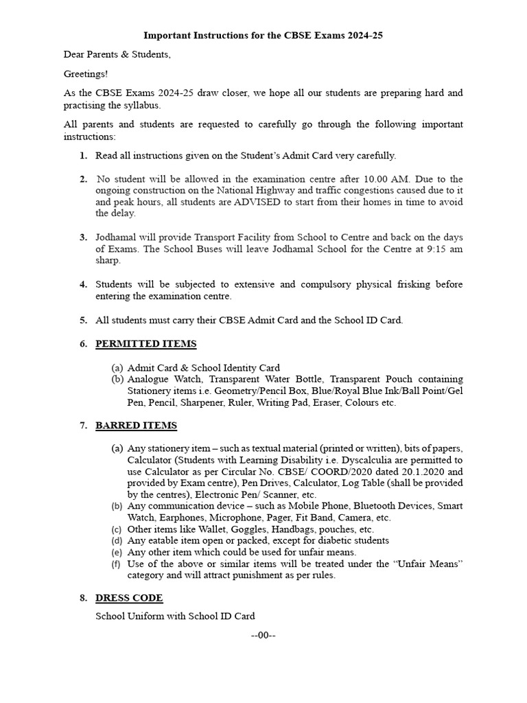 CBSE Exam Instructions 2024-25 | PDF | Identity Document