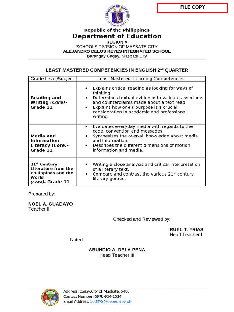 Least Mastered Competencies | PDF