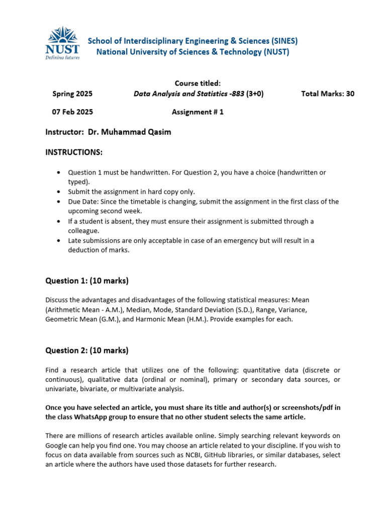 Assignmnet#1-Data Analysis and Statistics | PDF | Mean | Scientific Method