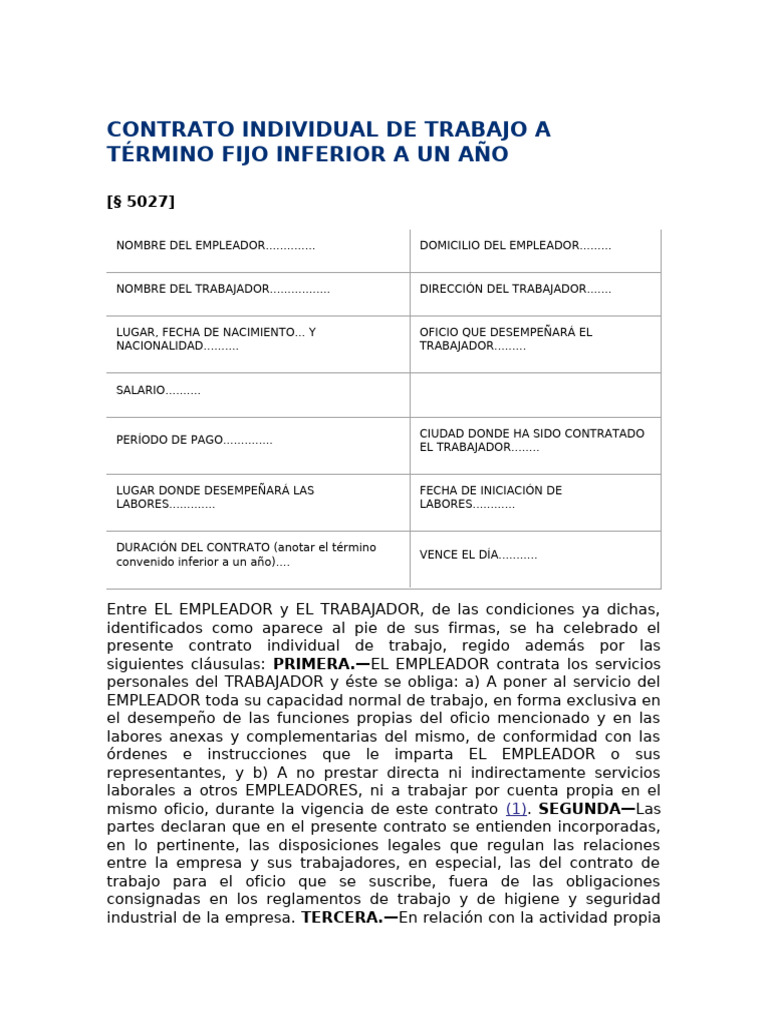 CONTRATO INDIVIDUAL DE TRABAJO A TÉRMINO FIJO INFERIOR A UN AÑO | PDF | Salario | Derecho laboral