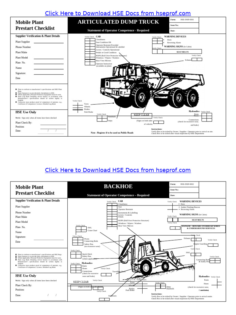 Heavy Equipment HSE Checklists Hseprof Com | PDF | Truck | Wheeled Vehicles