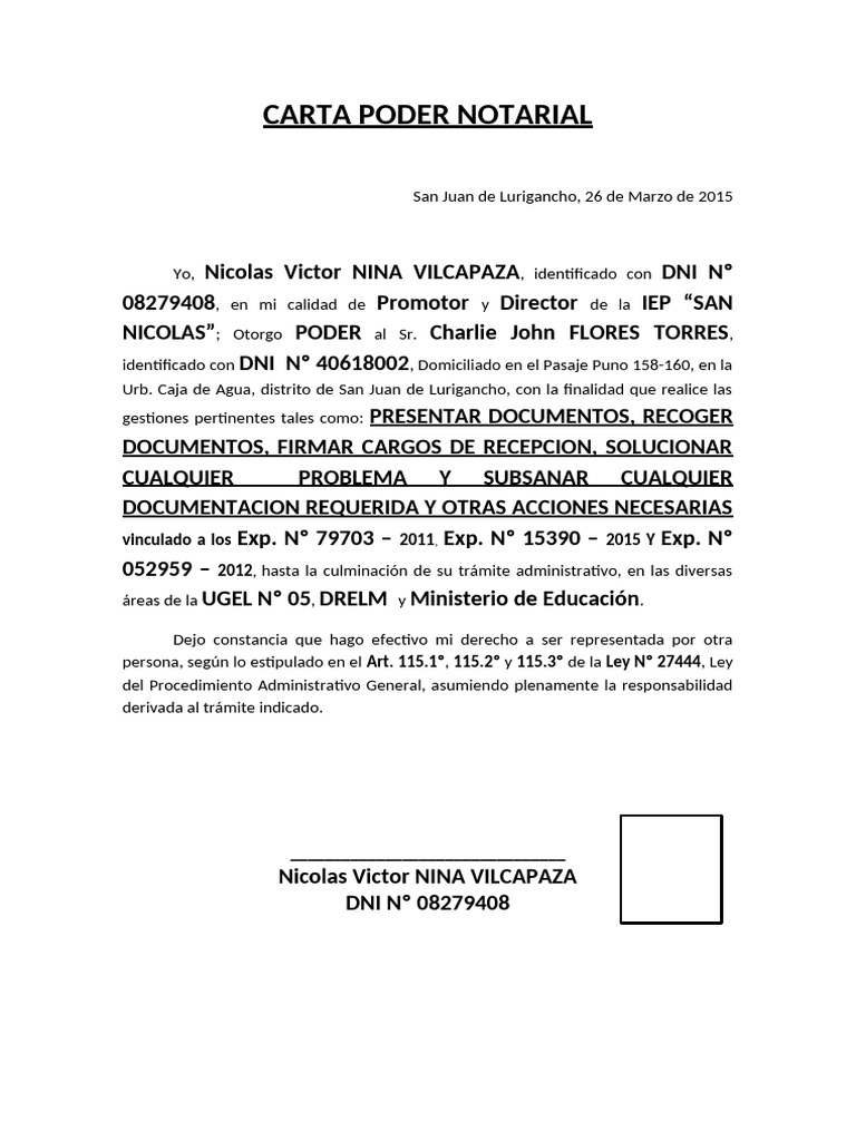 Carta Poder Notarial para Gestión Administrativa | PDF