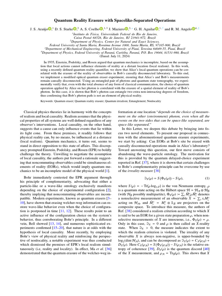 Quantum Reality Erasure With Spacelike-Separated Operations | PDF ...