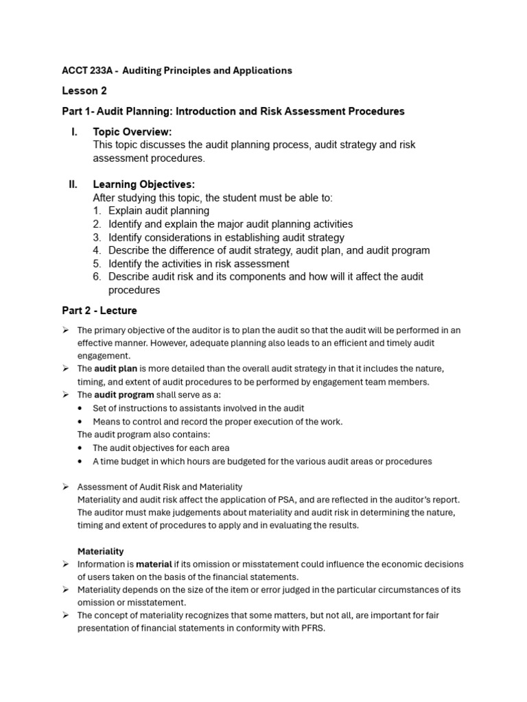 ACCT233A Lecture 2 Audit Planning Introduction and Risk Assessment ...
