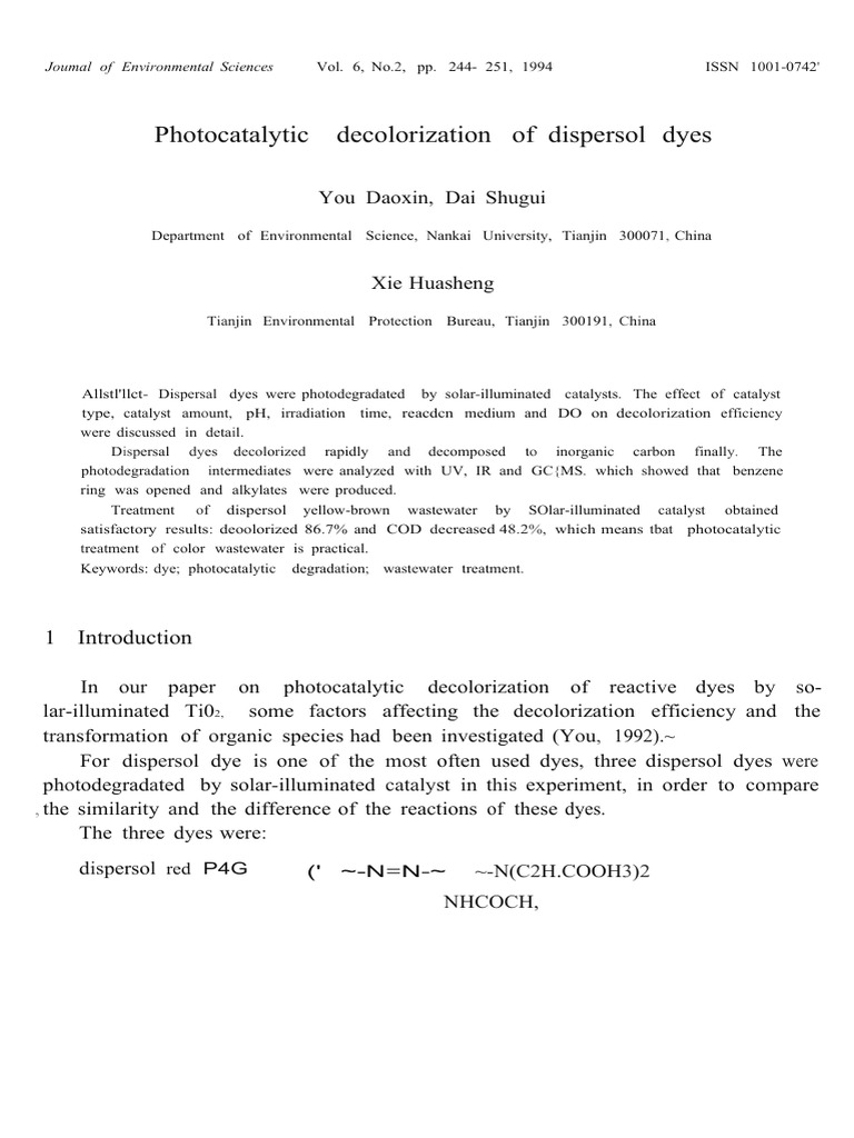 Photocatalytic decolorization of dispersol dyes | PDF | Catalysis ...