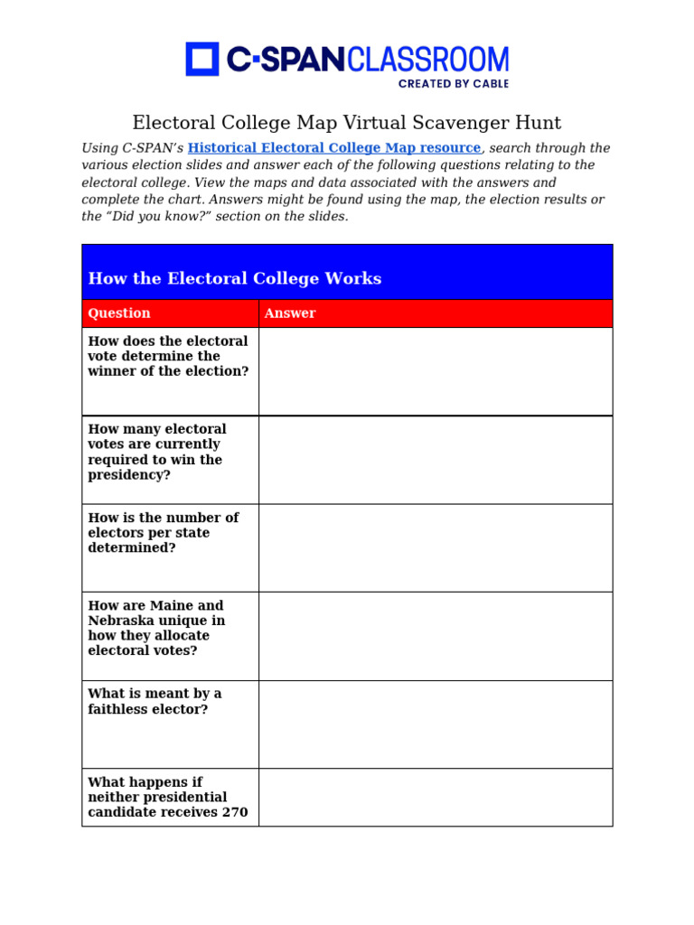 Electoral College Map Virtual Scavenger Hunt | PDF | Elections ...