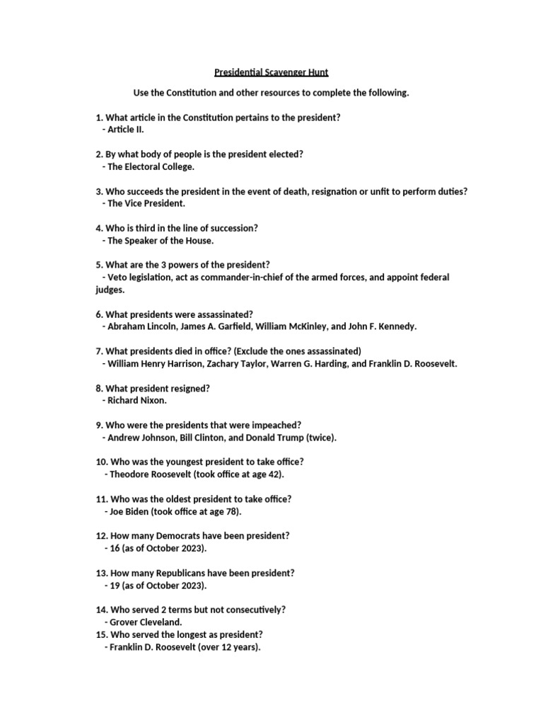 Copy of Presidential Scavenger Hunt | PDF | Presidents Of The United ...