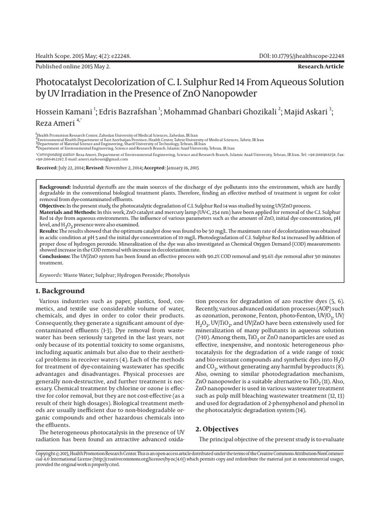 Photocatalyst Decolorization of C. I. Sulphur Red 14 | PDF | Hydrogen ...