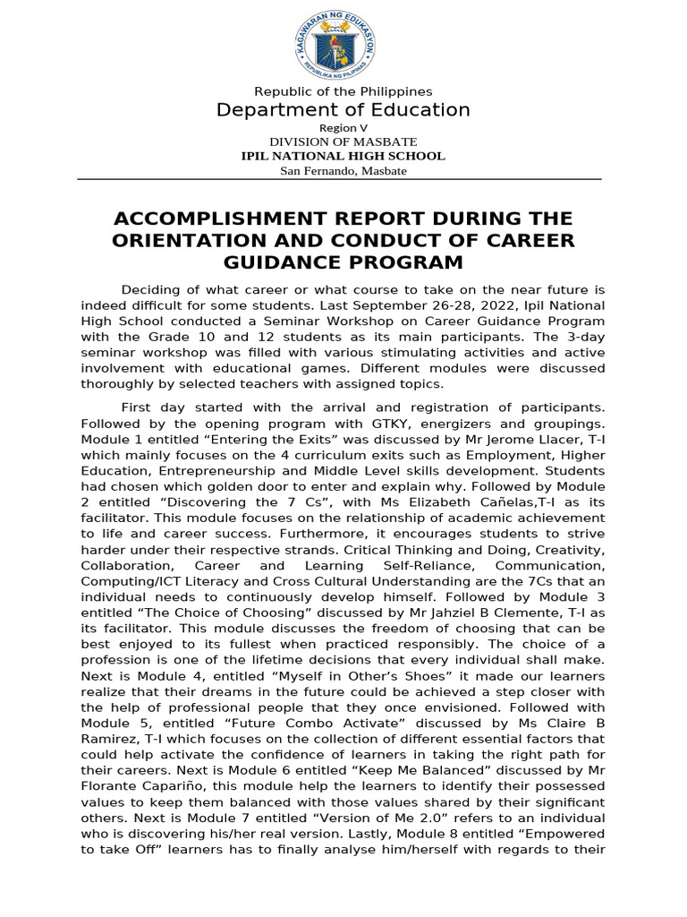 NARRATIVE REPORT ON CAREER GUIDANCE PROGRAM 2019 | PDF | Learning ...