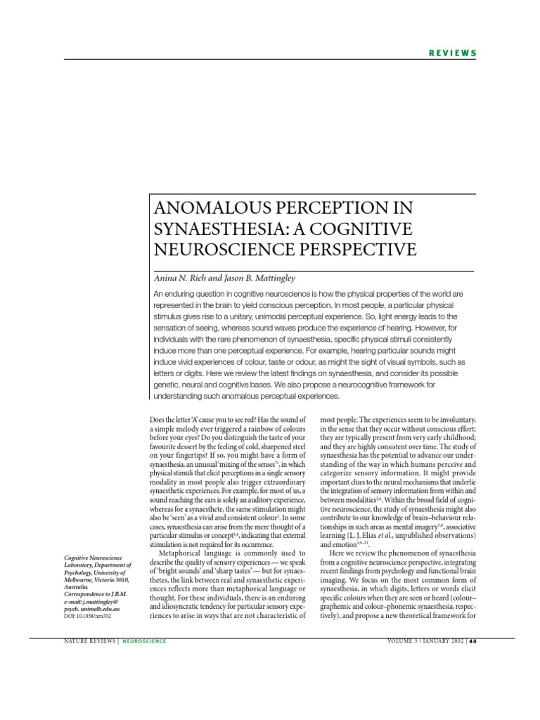 Anomalous Perception in Synaesthesia: A Cognitive Neuroscience Perspective | PDF | Visual Cortex ...