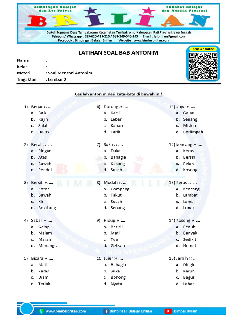 Soal Mencari Antonim Lembar 2 | PDF