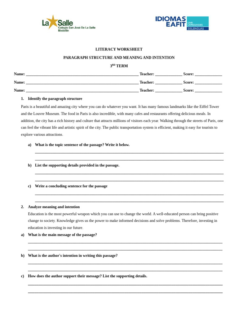 Literacy Worksheet: Paragraph Analysis | PDF