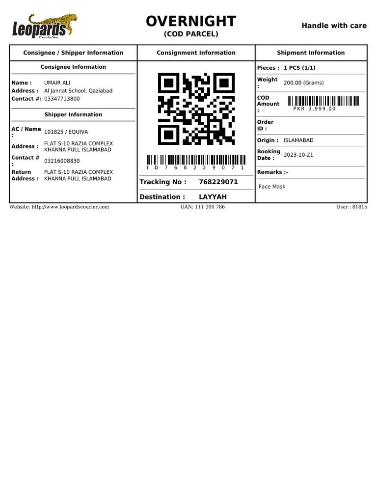 Overnight COD Parcel Shipment Details | PDF