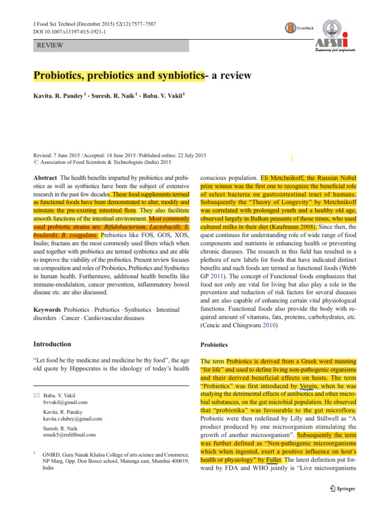 Probiotics, Prebiotics and Synbiotics - A Review | PDF | Inflammatory Bowel Disease | Probiotic