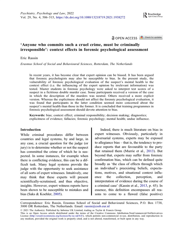 Context effects in forensic psychological assessment | PDF | Psychological Evaluation | Psychology