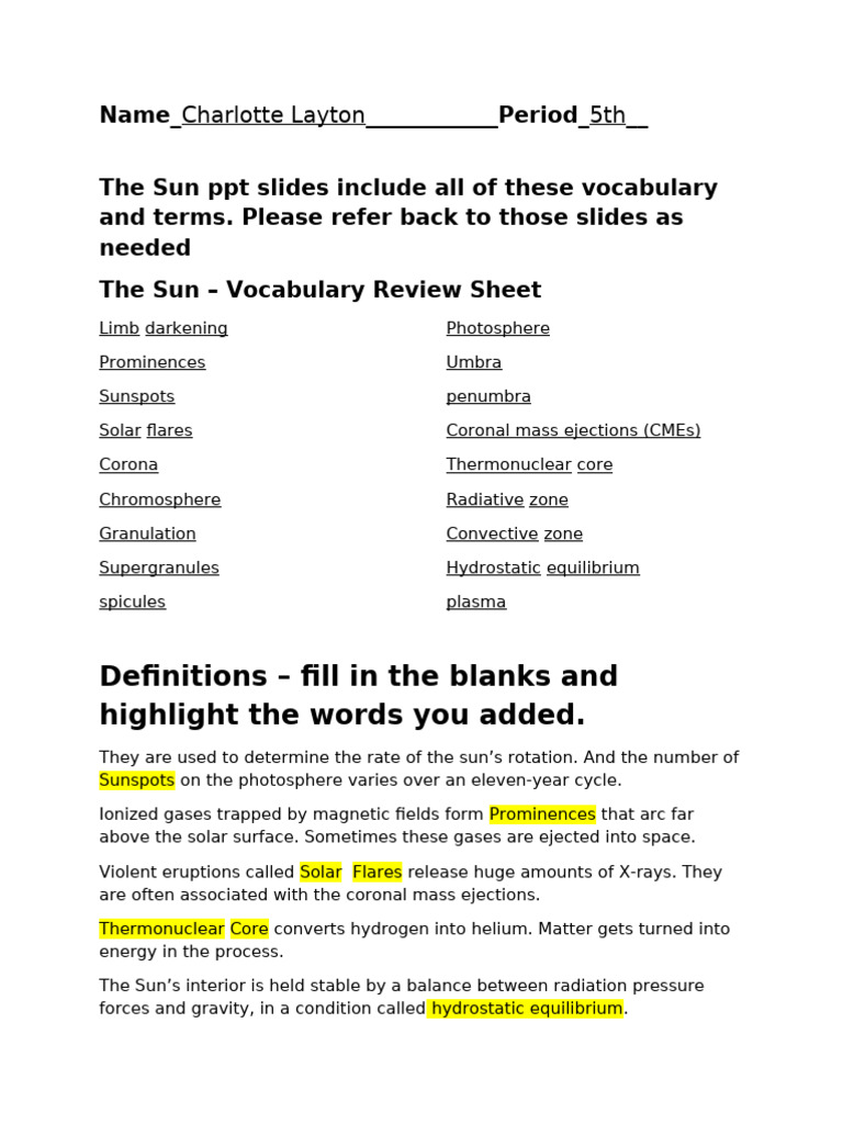 Sun Vocabulary Review Guide | PDF | Sun | Astrophysics