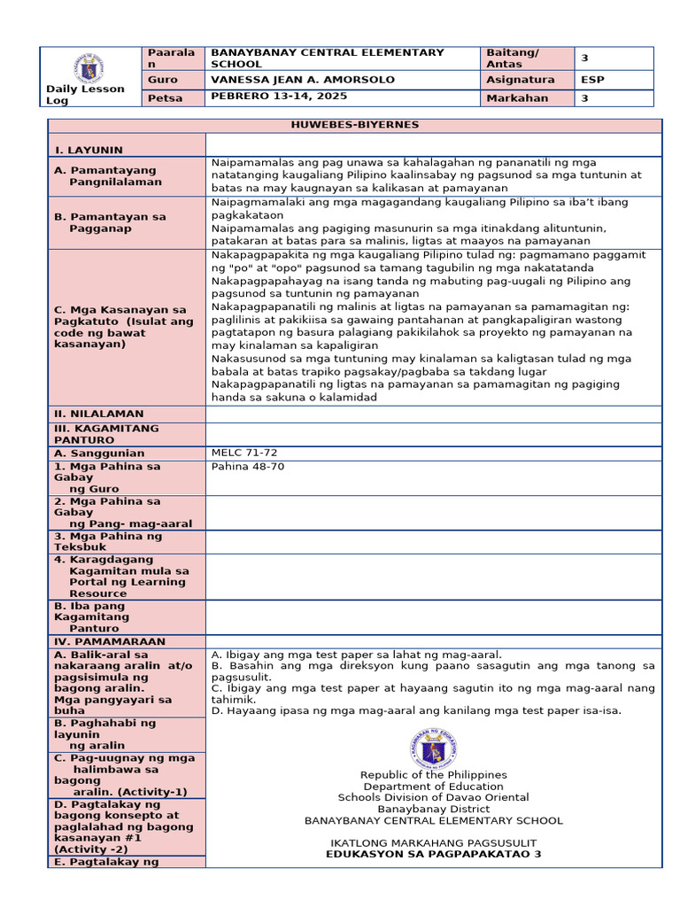 ESP LP REVIEWER- Q3 EXAM | PDF